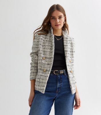 Off White Check Bouclé Button Front Utility Jacket | New Look