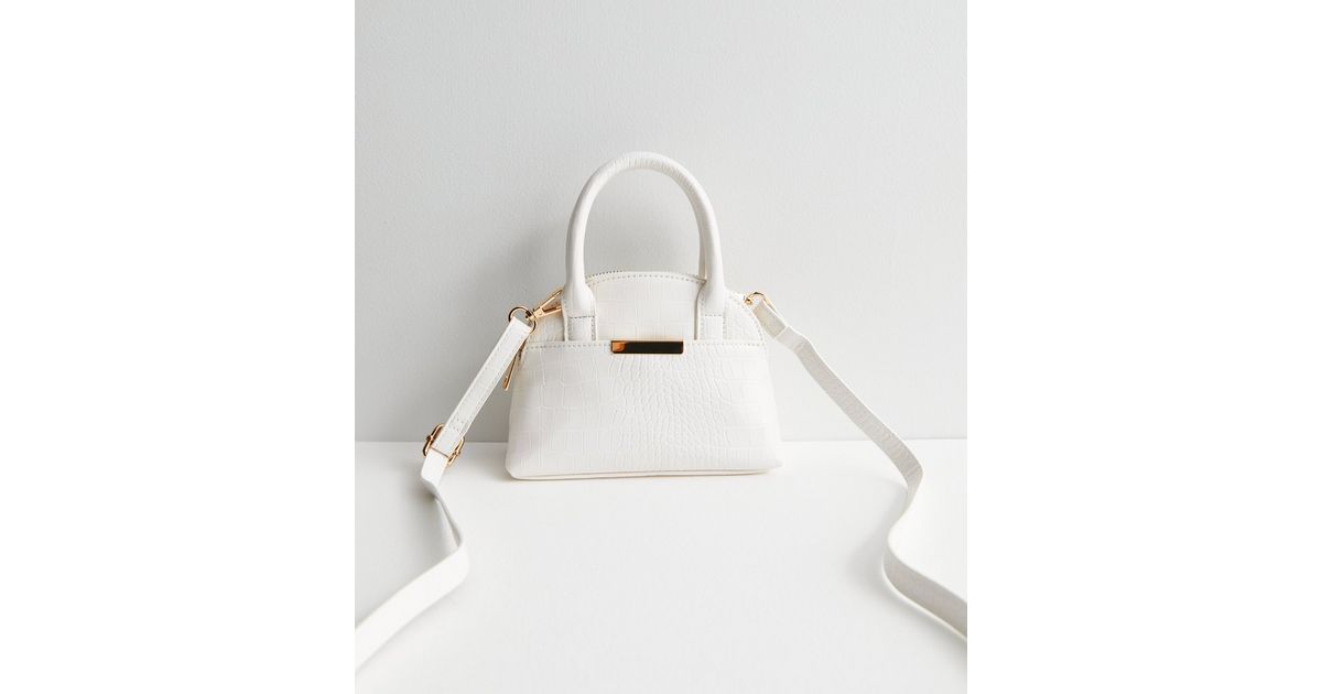 White Faux Croc Cross Body Bowler Bag | New Look