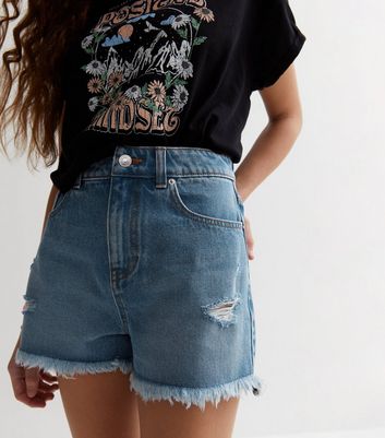 Girls Blue Cotton Denim High Waist Frayed Hem Shorts | New Look