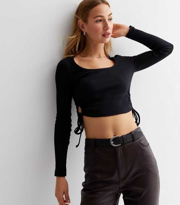 Black Scoop Neck Cut Out Side Tie Cropped T Shirt | New Look