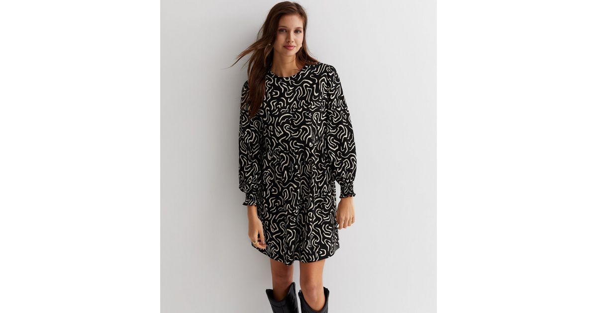 Black Mark Making Crinkle Jersey Long Sleeve Mini Smock Dress | New Look