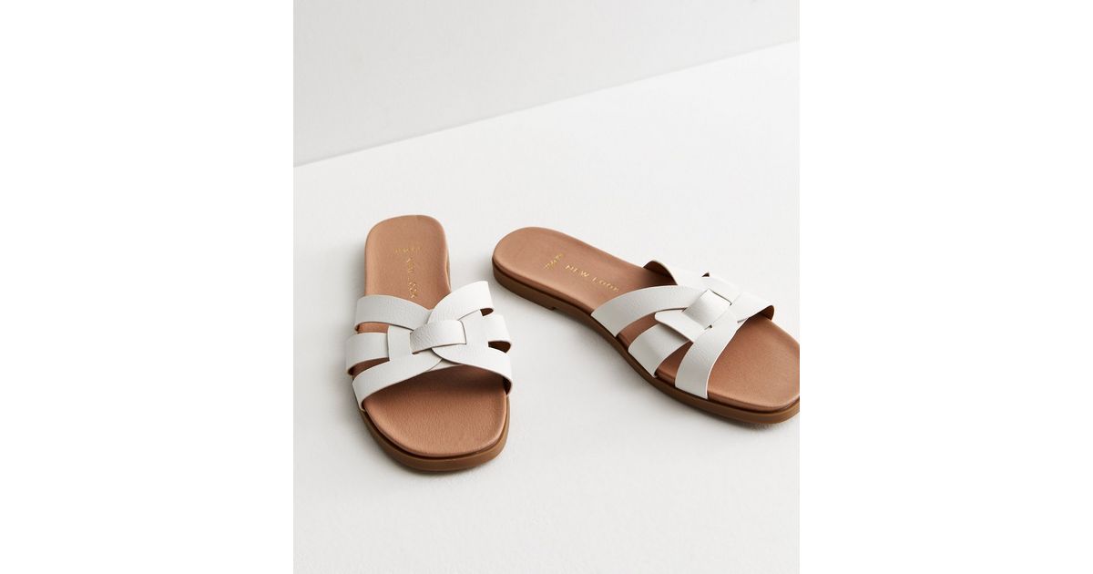 Wide Fit White Cross Strap Sliders | New Look