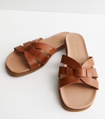 Extra Wide Fit Tan Leather-Look Cross Footbed Mule Sliders | New Look