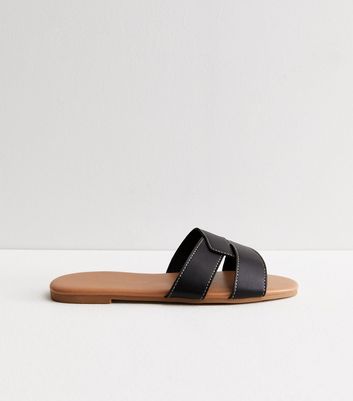 Wide Fit Black Leather-Look Stitch Sliders | New Look