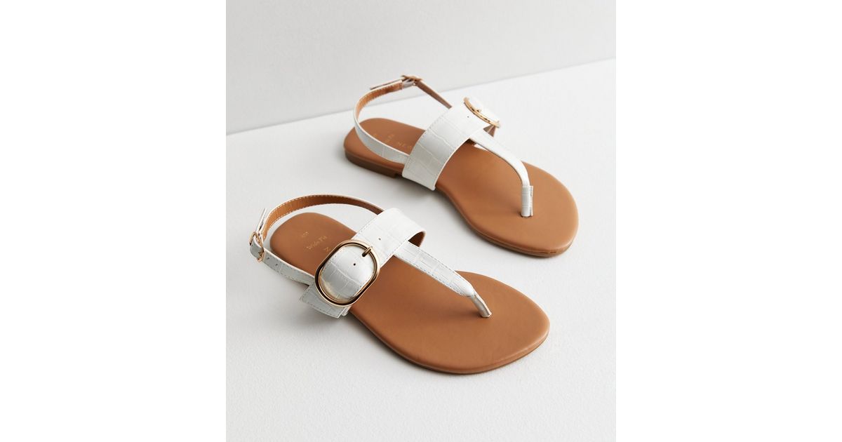 Wide Fit White Leather-Look Buckle Toe Post Sandals | New Look