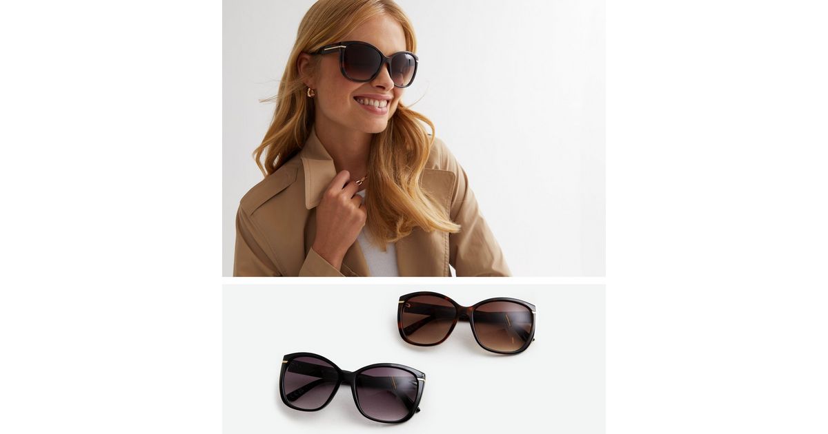 2 Pack Black And Brown Metal Trim Oversized Frame Sunglasses New Look