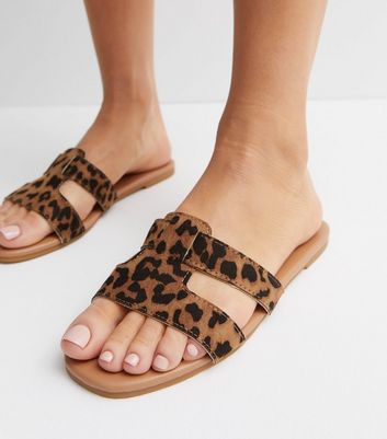 Stone Leopard Print Suedette Mule Sliders | New Look