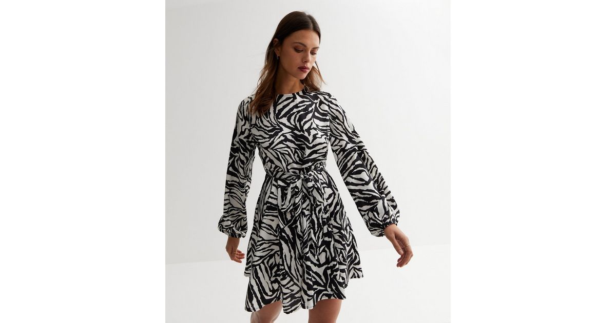 Black Zebra Print Crew Neck Long Sleeve Tie Waist Mini Dress | New Look