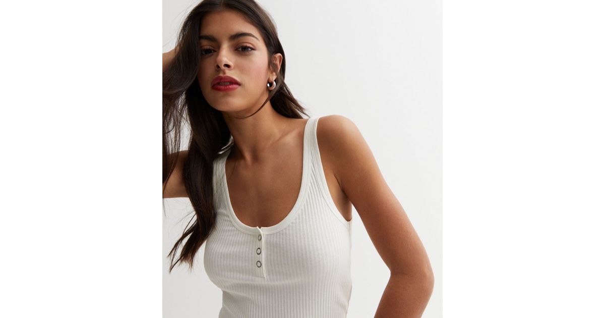 Off White Ribbed Jersey Popper Front Crop Vest | New Look