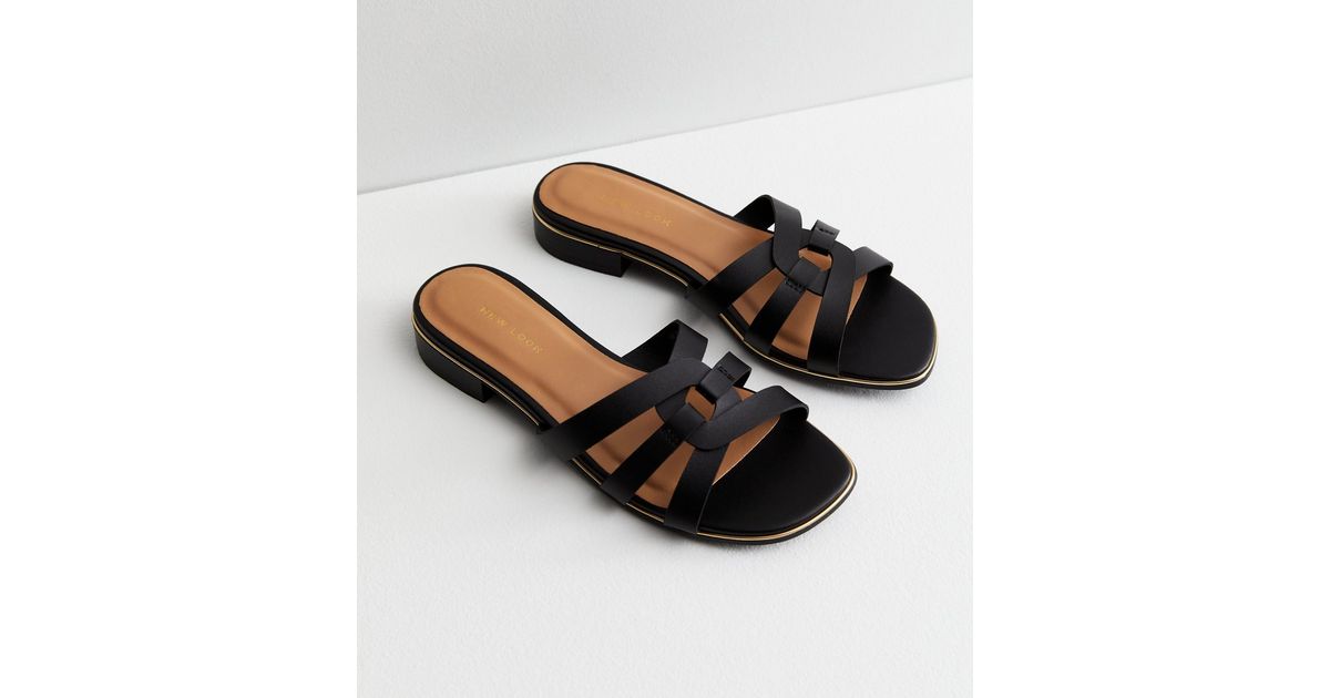 Black Metal Trim Mule Sliders | New Look