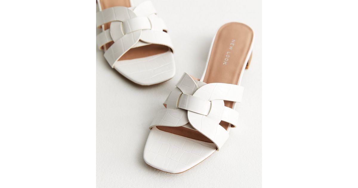 White Faux Croc Block Heel Mule Sandals | New Look