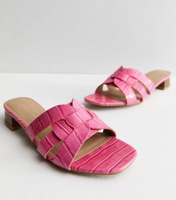 Bright Pink Faux Croc Block Heel Mule Sandals | New Look