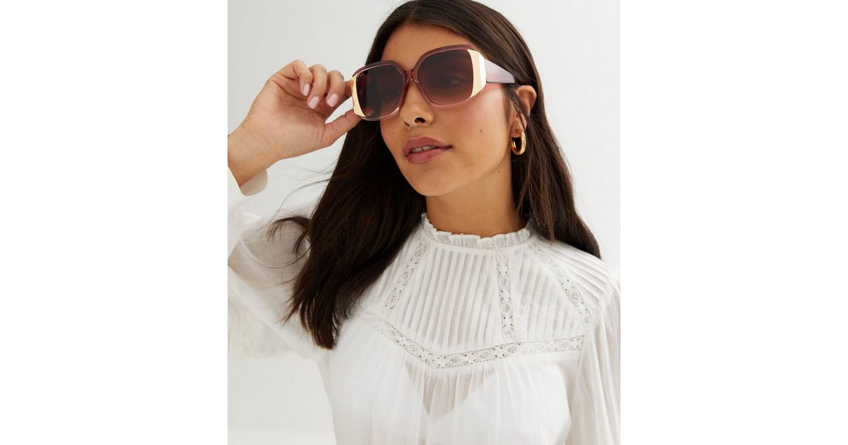 Pink Metal Trim Rectangle Frame Sunglasses New Look