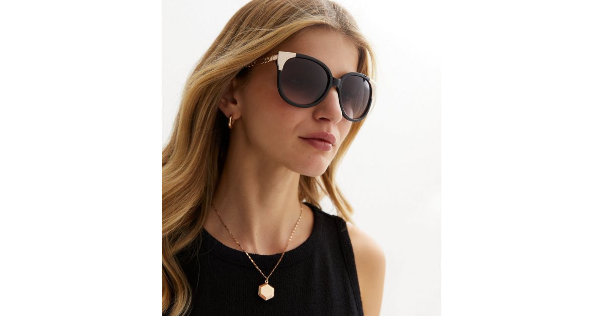 Black Metal Trim Round Frame Sunglasses New Look