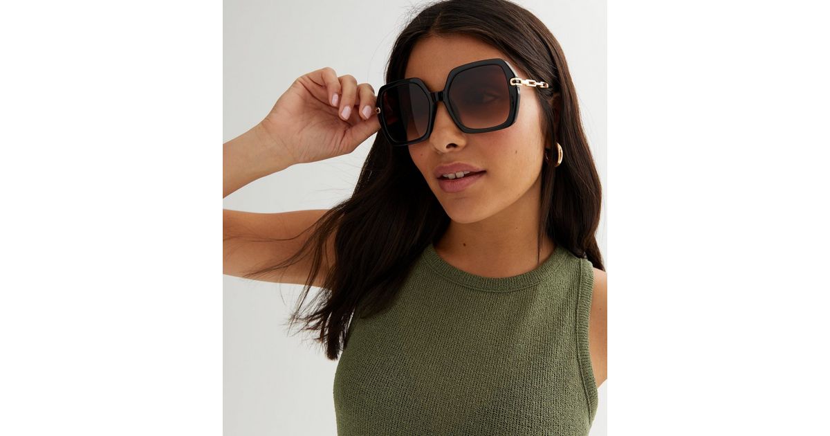Black Chain Square Frame Oversized Sunglasses New Look