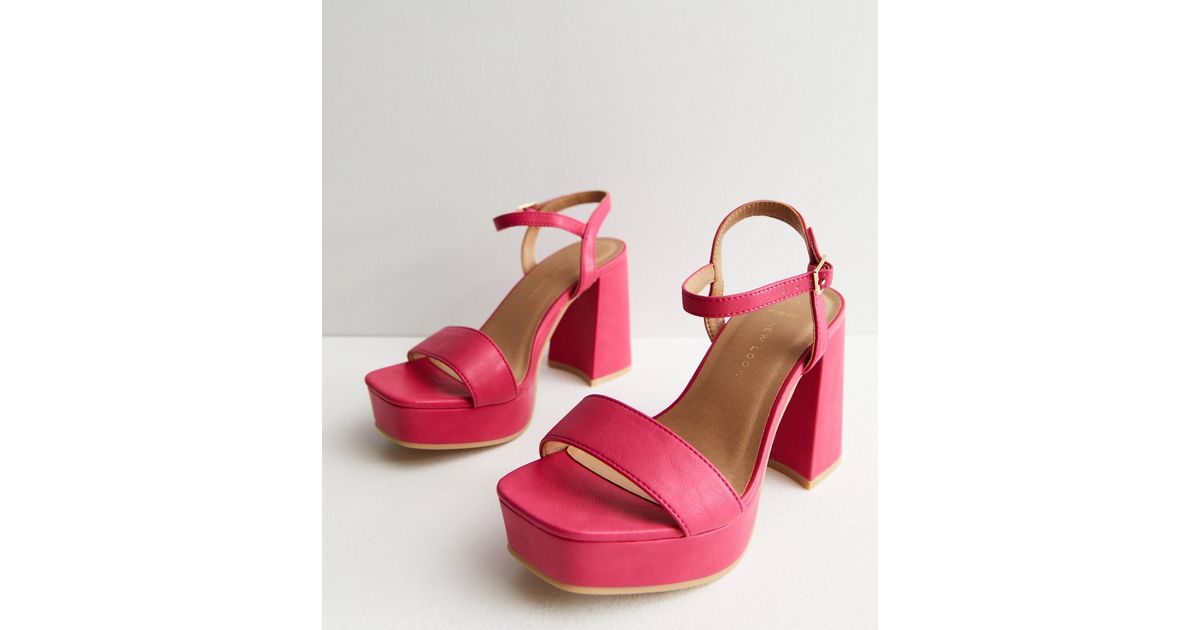 Wide Fit Bright Pink Leather-Look 2 Part Platform Block Heel Sandals ...