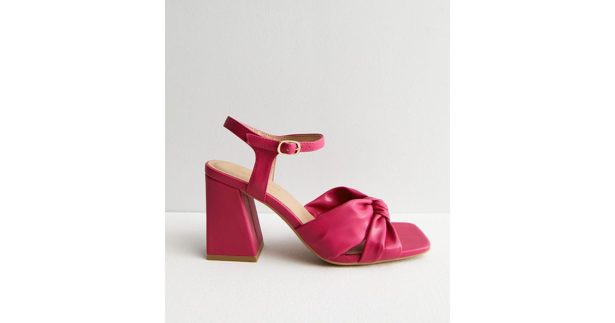 Bright Pink Leather-Look 2 Part Knot Block Heel Sandals | New Look
