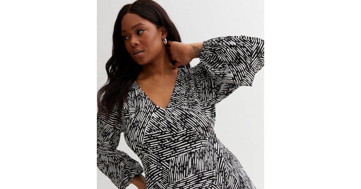 Curves Black Abstract V Neck Long Puff Sleeve Mini Dress | New Look