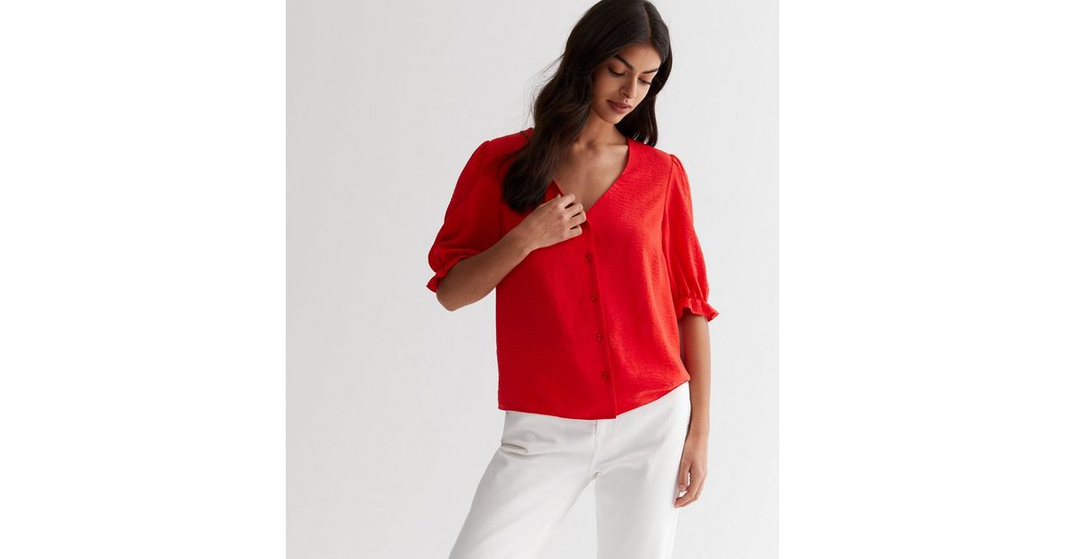 Red Frill Sleeve Button Front Blouse | New Look