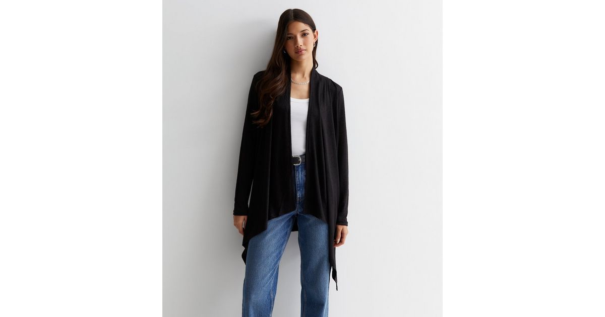 Black Fine Knit Waterfall Cardigan | New Look