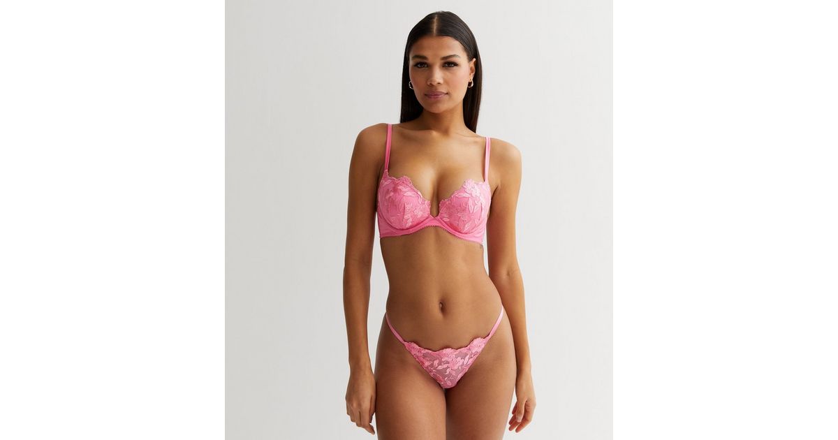 Bright Pink Floral Embroidered Push Up Bra New Look