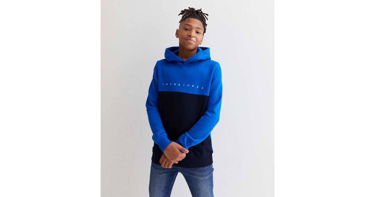 Jack & Jones Junior Bright Blue Colour Block Logo Hoodie | New Look