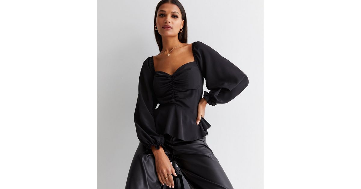 Black Sweetheart Ruched Front Long Sleeve Shell Top | New Look