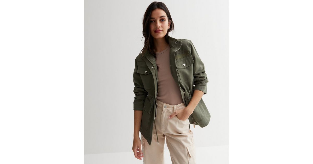 Khaki High Neck Pocket Front Jacket | New Look