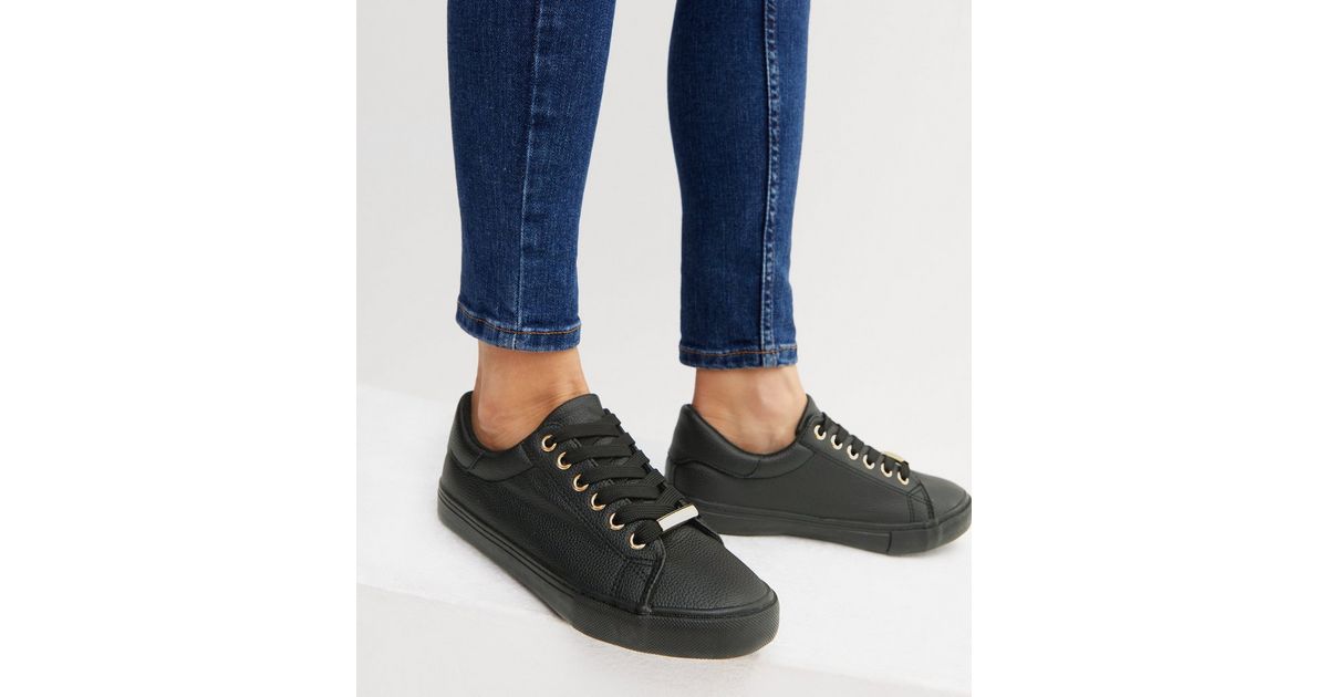 Wide Fit Black Leather-Look Metal Trim Lace Up Trainers | New Look