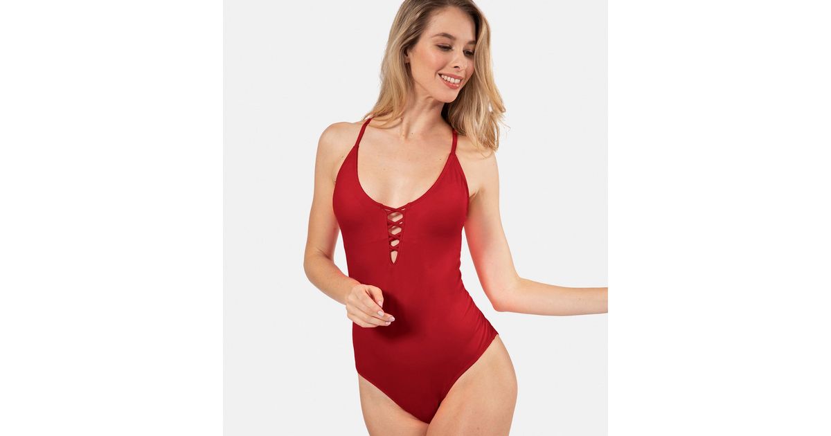 Dorina Red Lattice Cross Back Swimsuit New Look