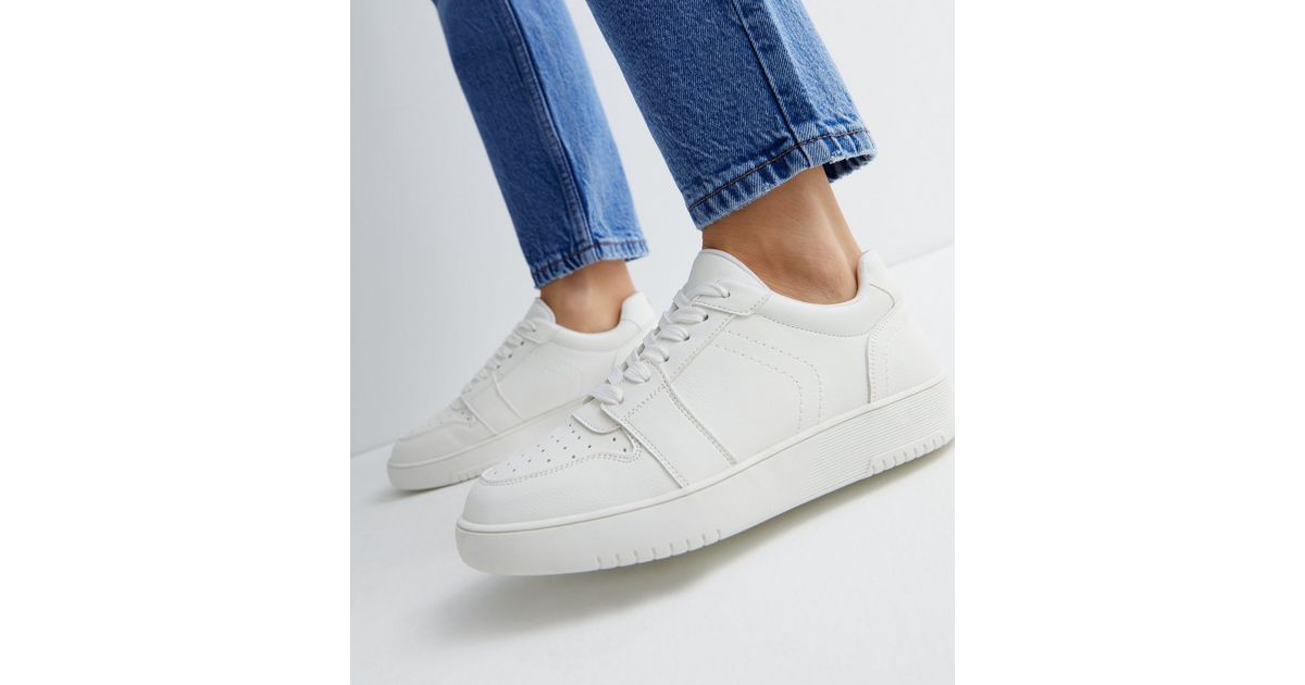 White Leather-Look Perforated Lace Up Chunky Trainers | New Look
