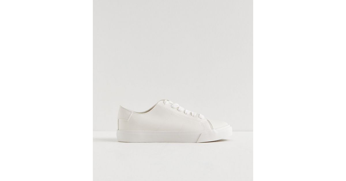 White Leather-Look Lace Up Trainers | New Look