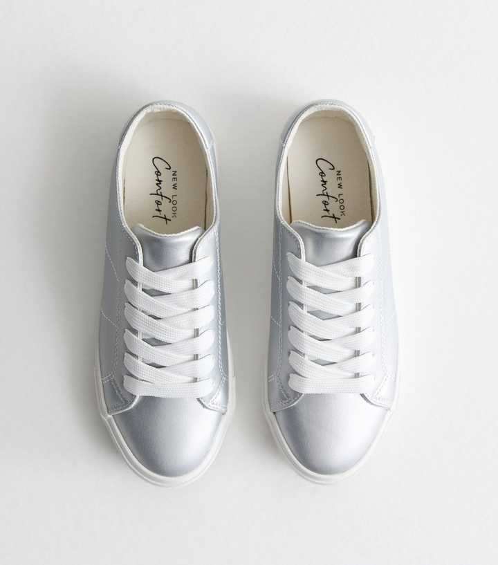 Silver Leather-Look Lace Up Trainers | New Look