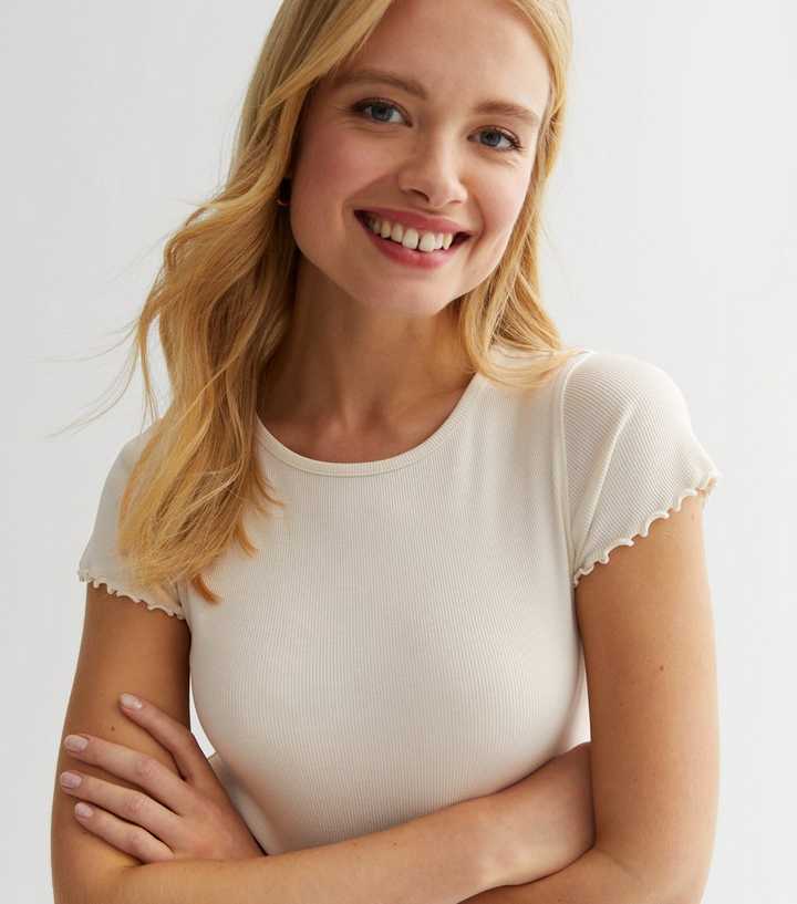 Cream Ribbed Frill T-Shirt | New Look