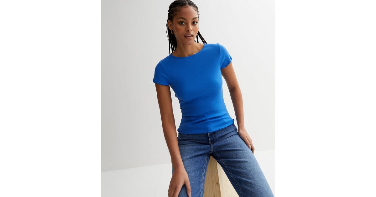 Bright Blue Ribbed Frill T-Shirt | New Look