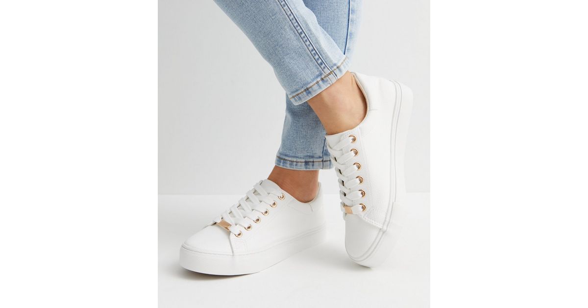 White Leather-Look Metal Trim Lace Up Trainers | New Look
