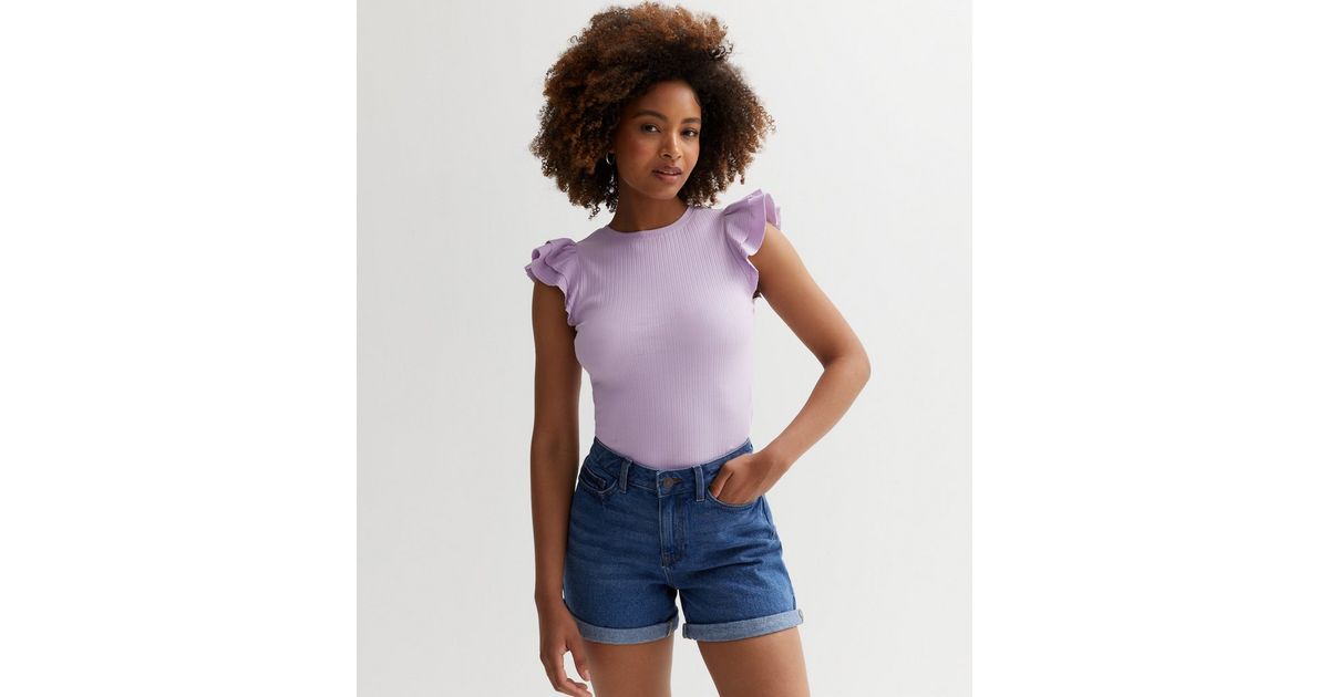 Lilac Ribbed Frill Sleeve Top | New Look
