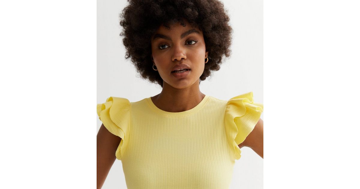 Pale Yellow Ribbed Frill Sleeve Top | New Look