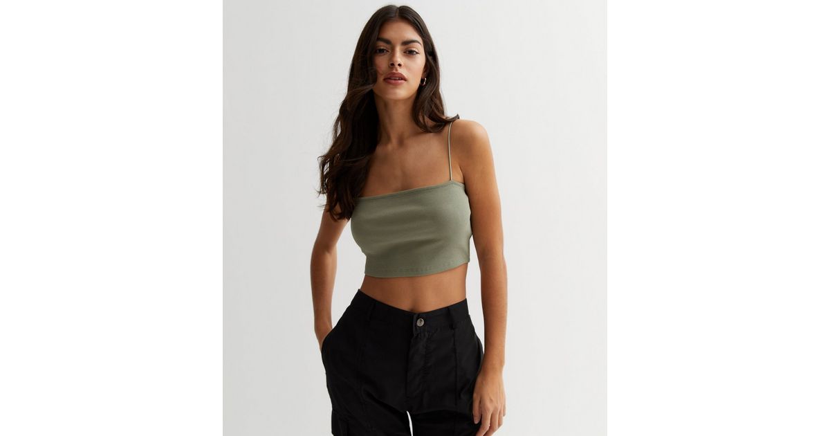 Khaki Ribbed Jersey Strappy Crop Cami | New Look