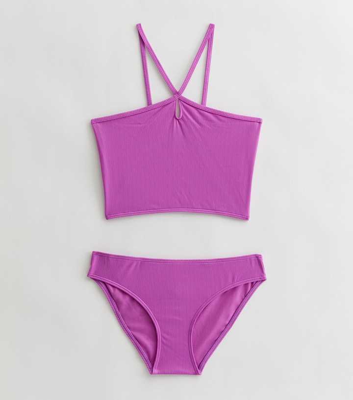Girls Purple Ribbed Cut Out Crop Bikini Top and Bottoms Set | New Look