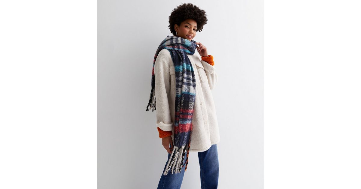 Navy Check Tassel Scarf | New Look