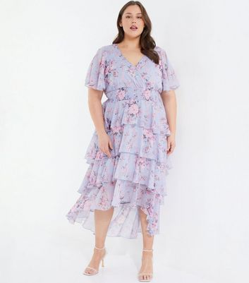 Curves Pale Blue Floral Chiffon Tiered Midi Wrap Dress | New Look
