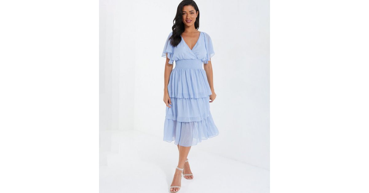 Quiz Pale Blue Glitter Chiffon Tiered Midi Dress New Look