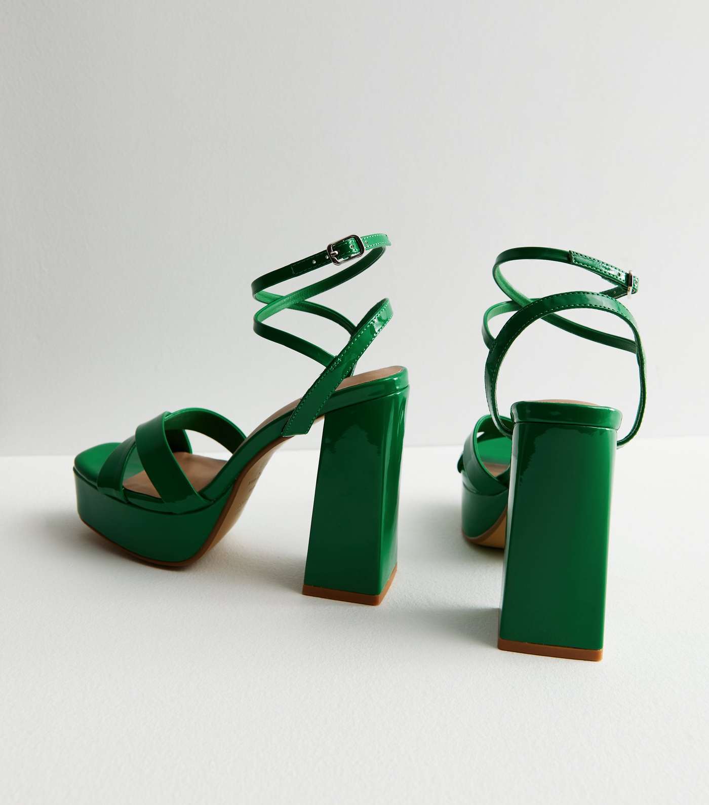 Green Patent Strappy Platform Block Heel Sandals New Look