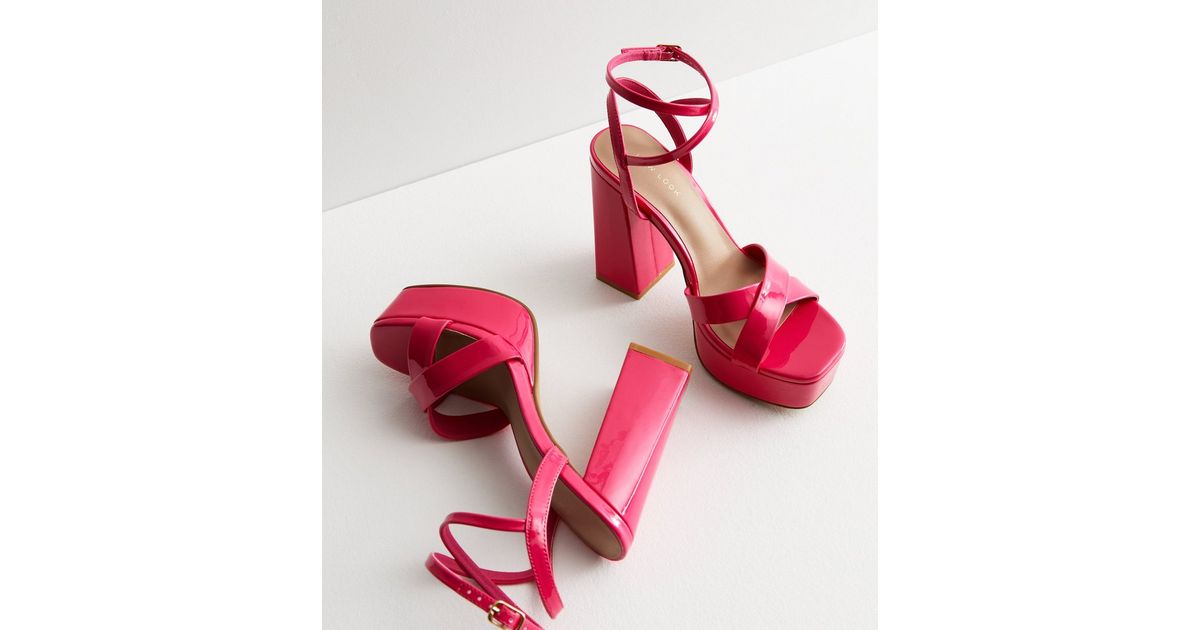 Bright Pink Patent Strappy Platform Block Heel Sandals | New Look
