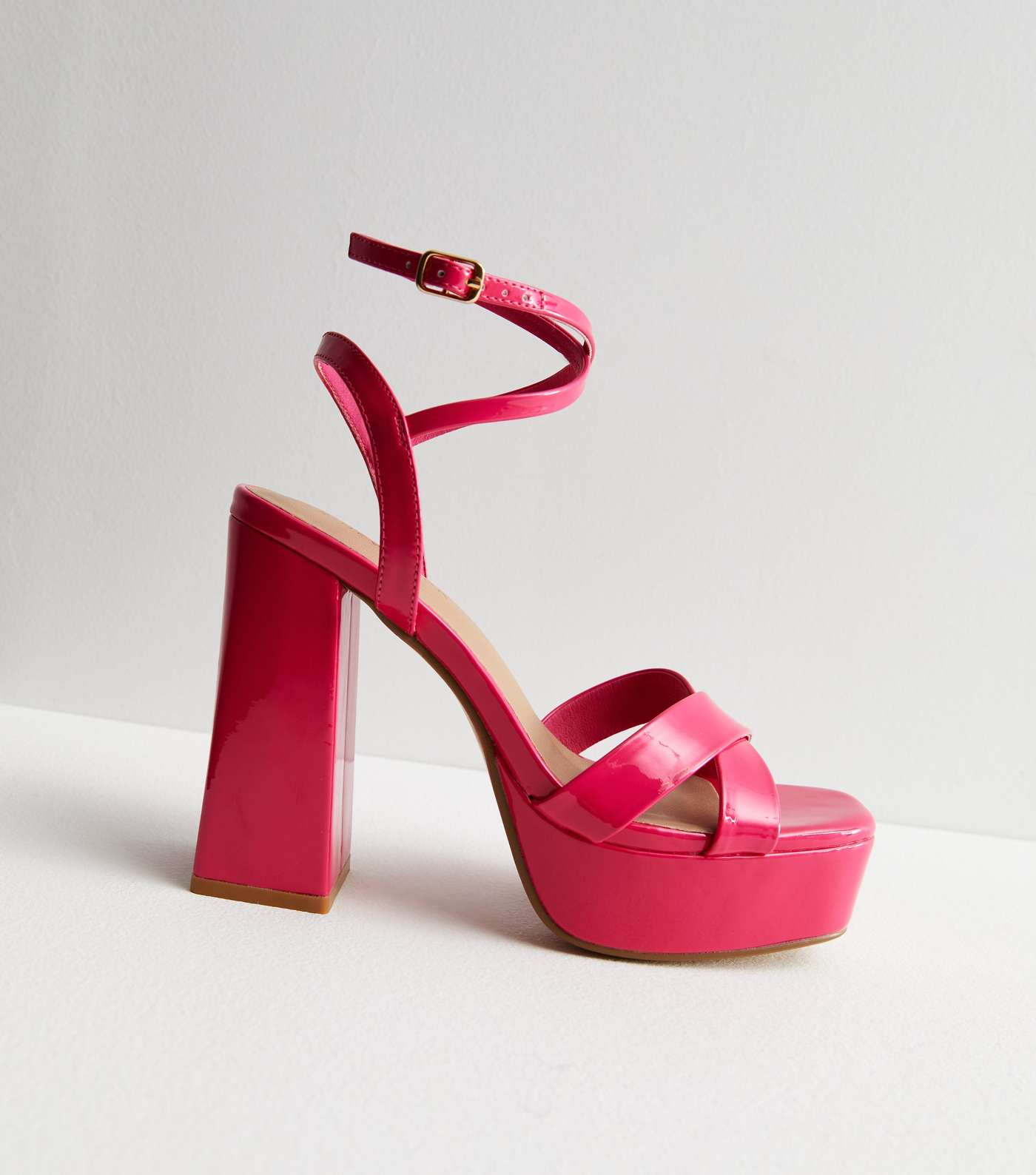 Bright Pink Patent Strappy Platform Block Heel Sandals New Look