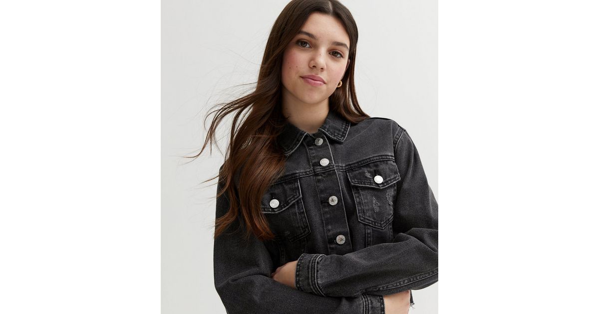 Girls Black Denim Frayed Crop Jacket | New Look