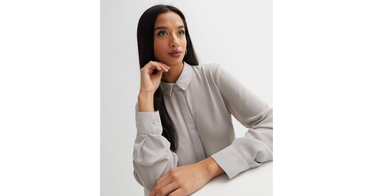 Petite Pale Grey Collared Long Sleeve Shirt | New Look