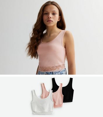Girls 3 Pack Off White Pink and Black Lace Trim Bralettes | New Look