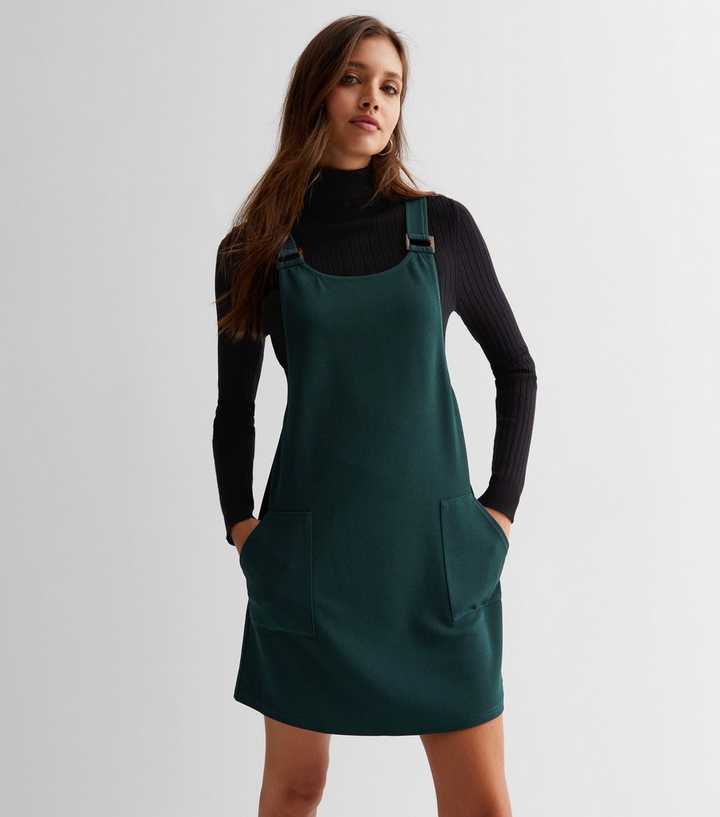 Dark Green Crepe Square Neck Pocket Front Mini Dress | New Look